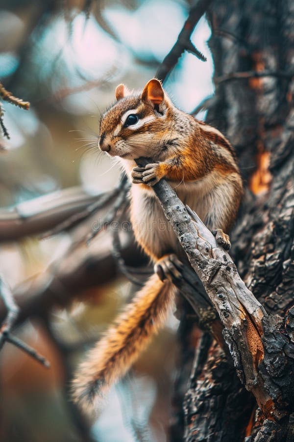 AI Generated Illustration of a Close-up of a Chipmunk Perched on a Tree ...