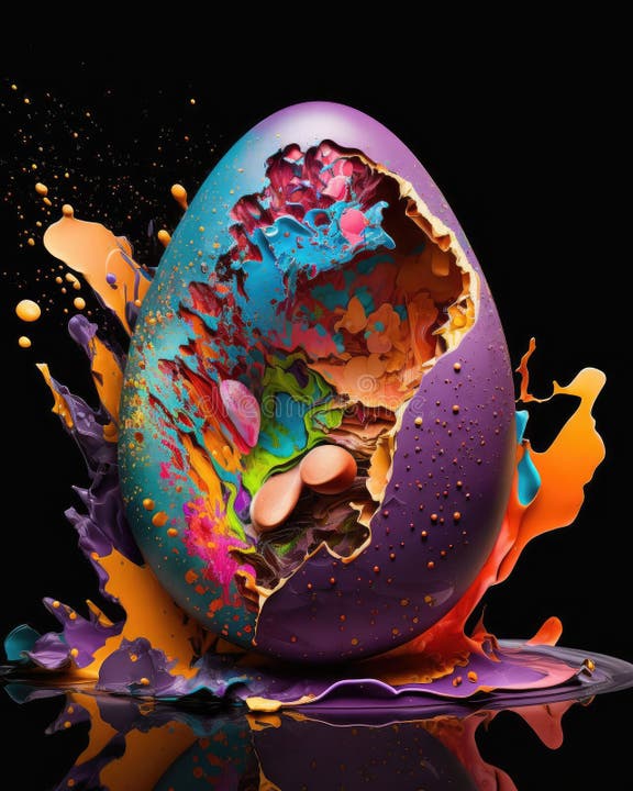 AI Generated Illustration of a Close-up of a Cracked Egg with a Vibrant Array of Colored Paint ...