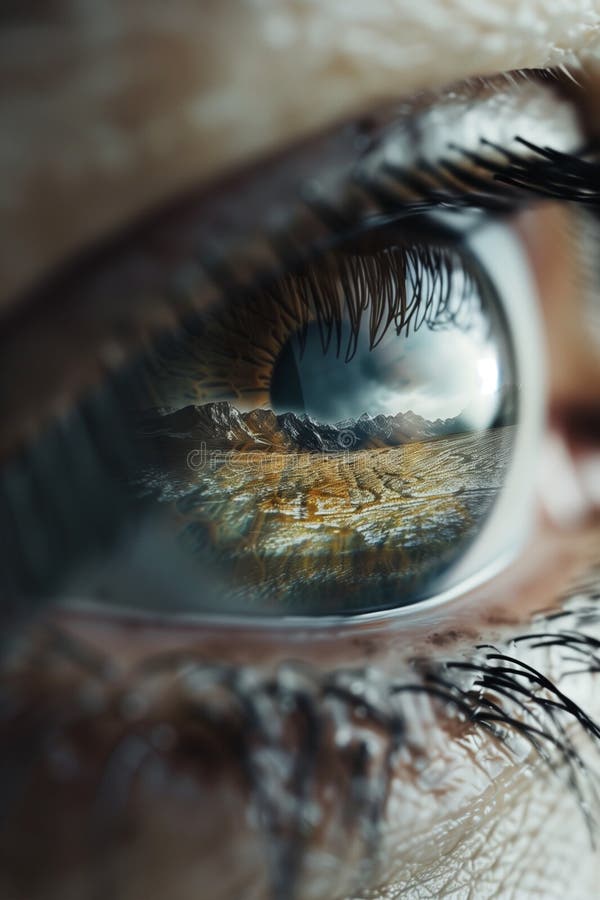 AI-generated Illustration of a Close-up Eye Reflecting a Field with ...