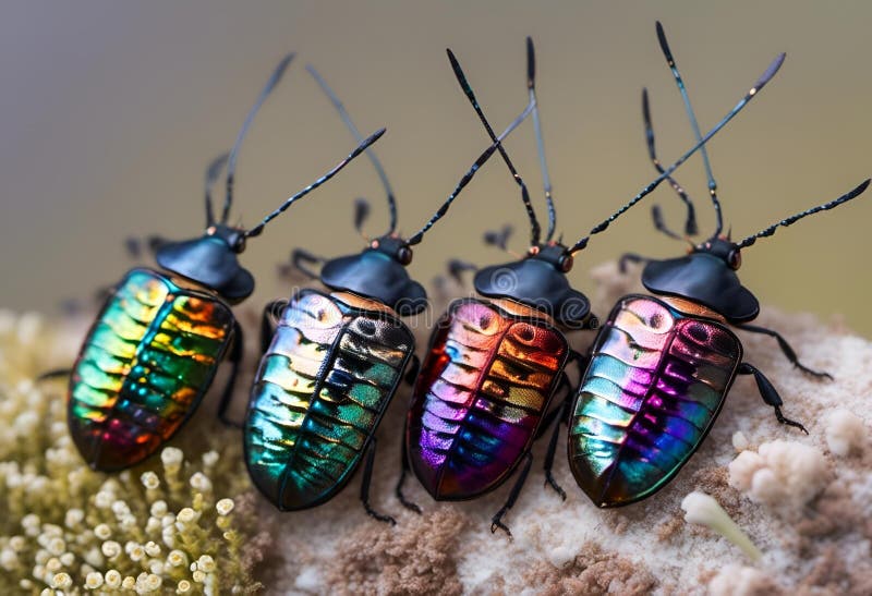 AI Generated Illustration of a Close-up of Four Iridescent Beetles with ...