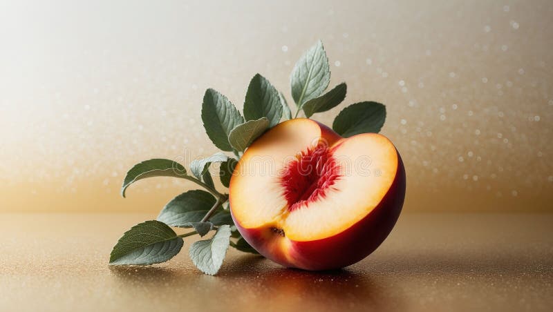 AI Generated Illustration of a Close-up of a Halved Peach with Leaves ...