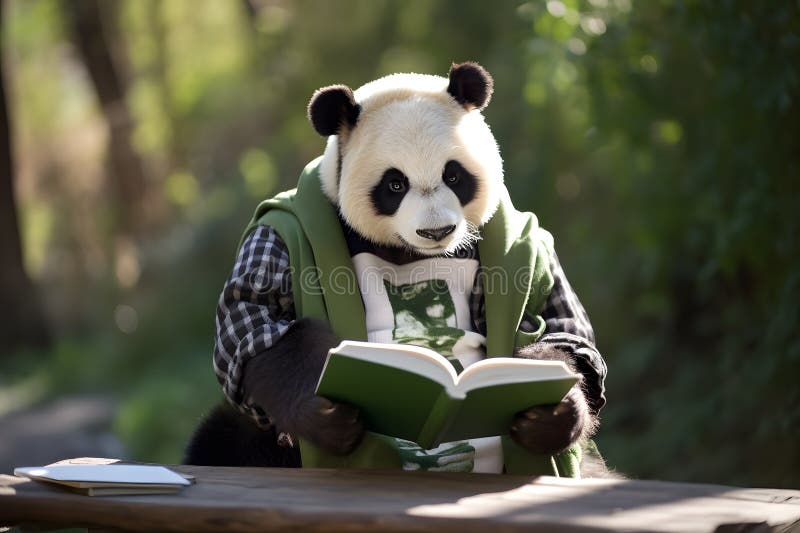 A Panda Bear Reading a Book while Sitting at a Table Stock Illustration ...