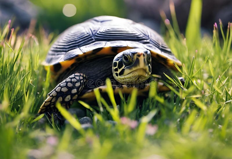 A Close Up of a Turtle Laying on the Ground with Grass Stock ...