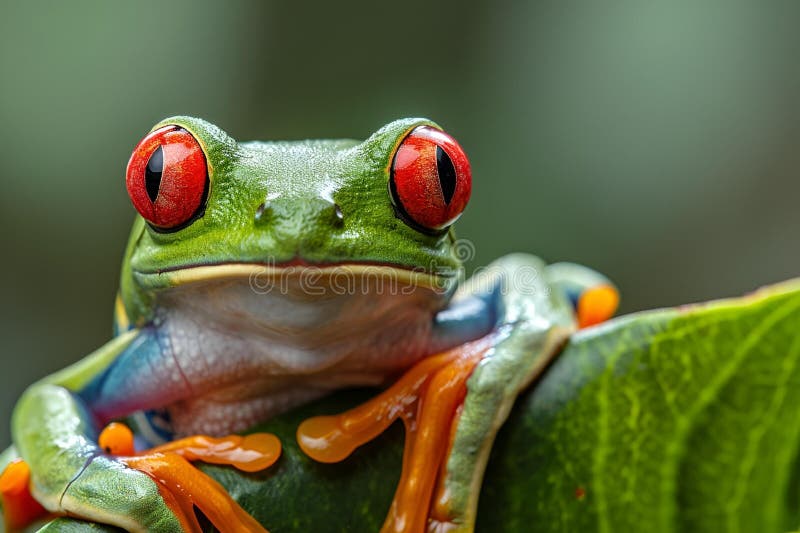 A Tree Frog Sits on a Leaf with Red Eyes and Large Mouth Stock ...