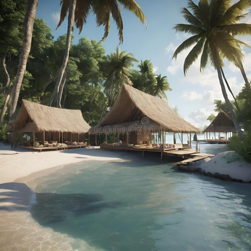 AI Generated Illustration of a Cluster of Beachfront Huts Surrounded by ...