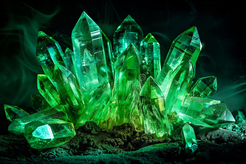 AI-generated Illustration of a Cluster of Green Crystals Gleaming on a ...