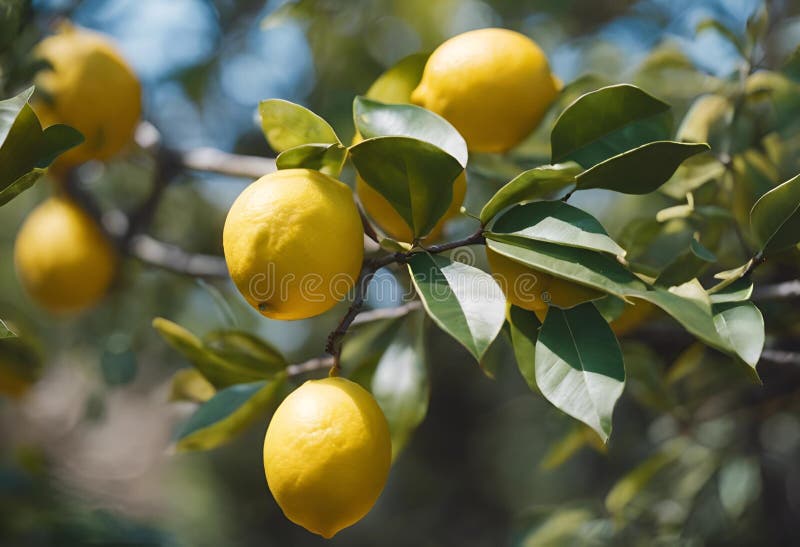AI Generated Illustration of Clusters of Ripe Yellow Lemons Dangle from ...