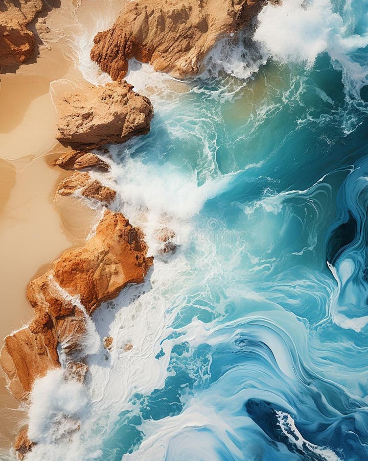 AI Generated Illustration of a Coastal Landscape with Rocky Shoreline, Rolling Waves and Sandy ...