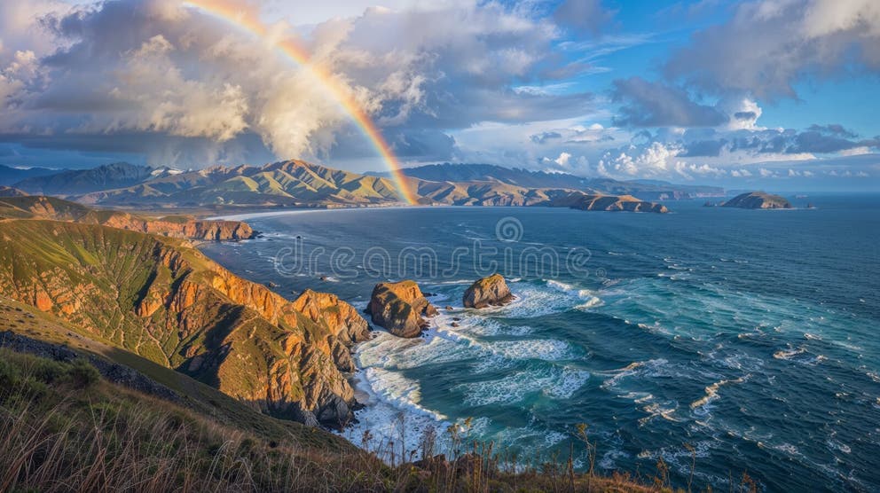 AI Generated Illustration of Coastal Ocean Cliffs with an Arcing ...