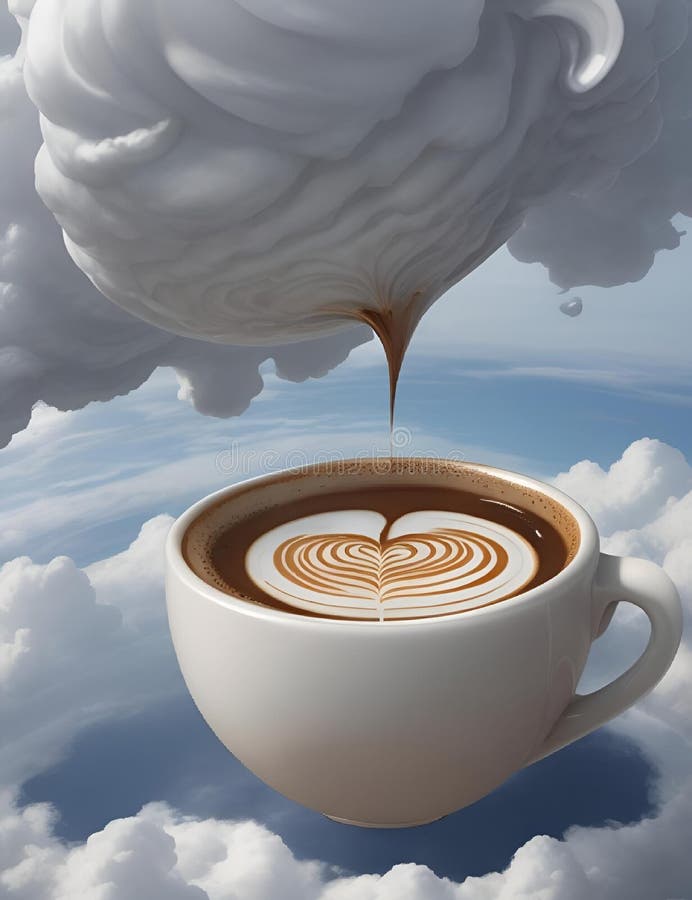 AI Generated Illustration of a Coffee Cup Floating on a Fluffy Cloud in ...