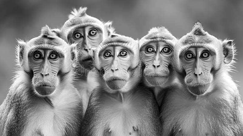 A Group of Monkeys with Huge Eyes Sitting Next To Each Other Stock ...