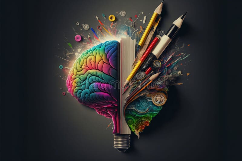 AI Generated Illustration of a Colorful Brain with a Book and Pencils ...