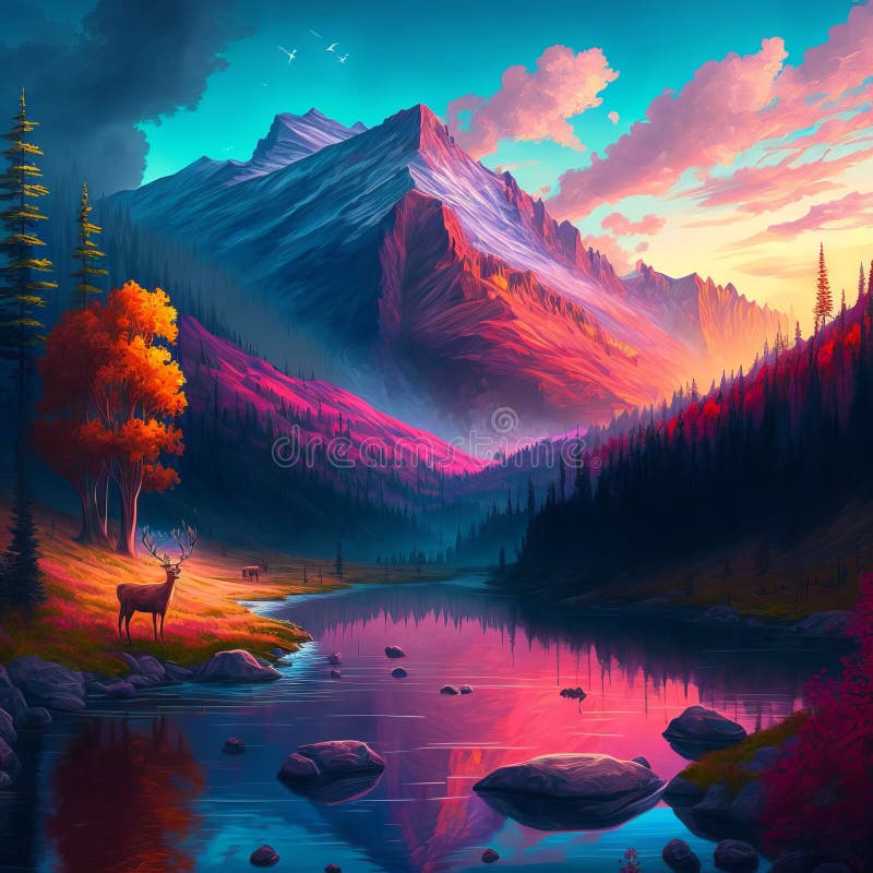 AI-generated Illustration of a Colorful Landscape Stock Illustration ...