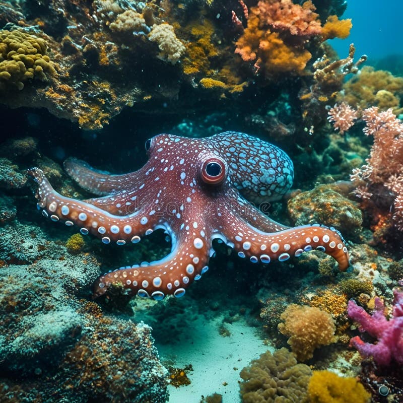 AI Generated Illustration of a Colorful Octopus Resting among Vibrant ...