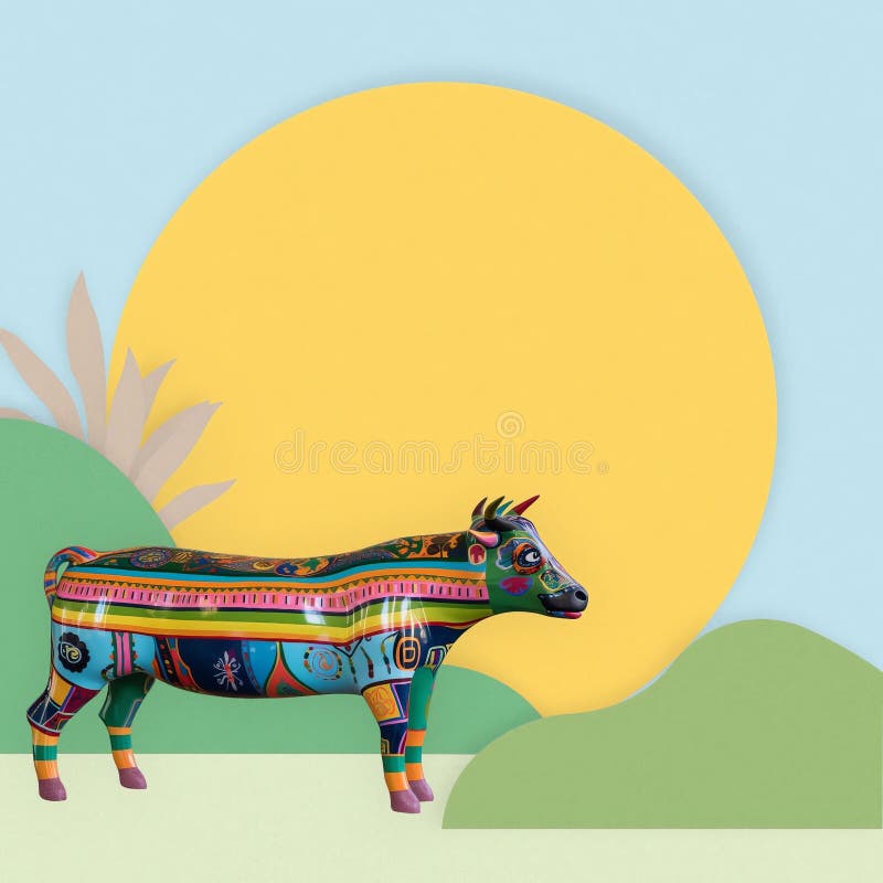 AI Generated Illustration of a Colorful Statue of a Cow on a Hill with ...