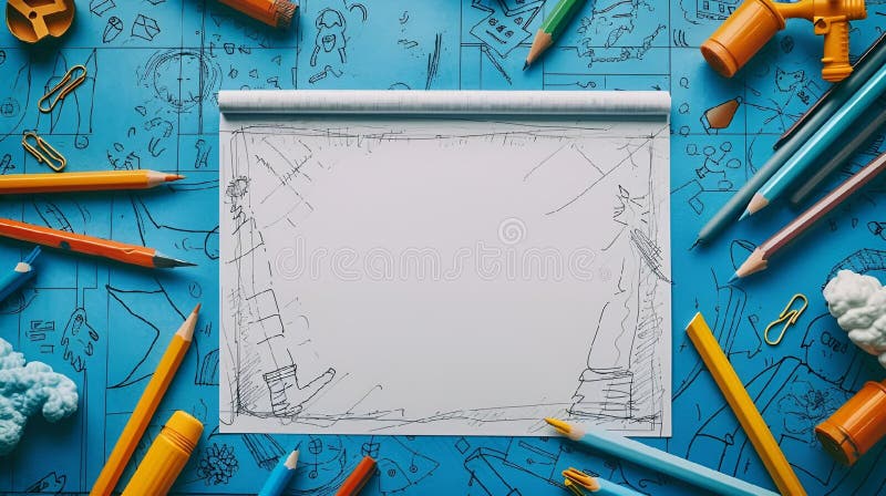 A Paper Surrounded by Different Colored Pencils and Pens on a Blue ...