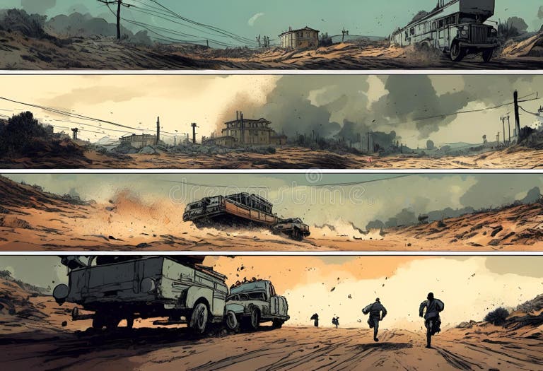 AI-generated Illustration of a Comic Strip Set in a Desolate Landscape for the Last Scene Stock ...