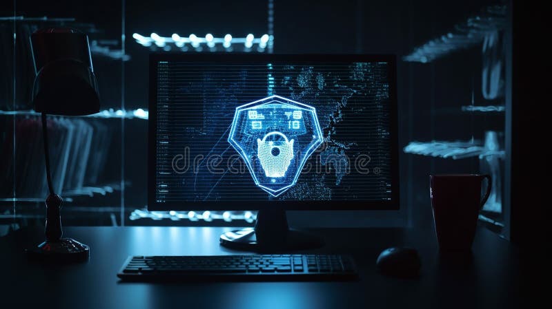AI Generated Illustration of a Computer Monitor with a Security Symbol ...