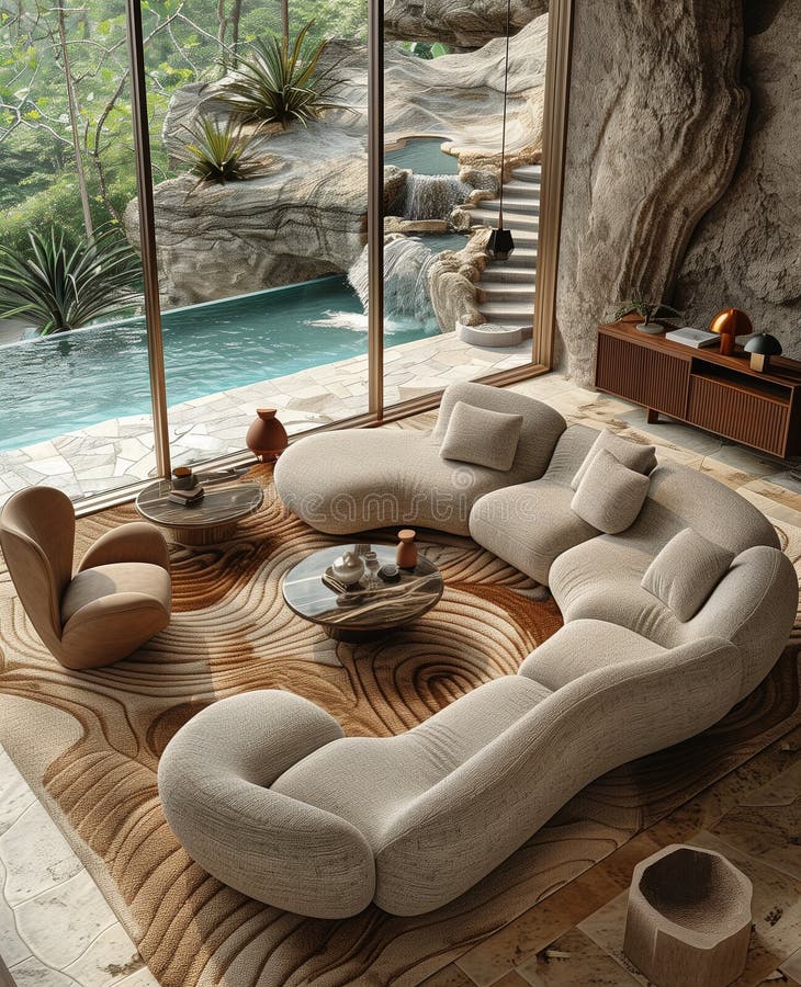 A Modern Lounge Couch with an Ottoman Near a Pool in the Background ...