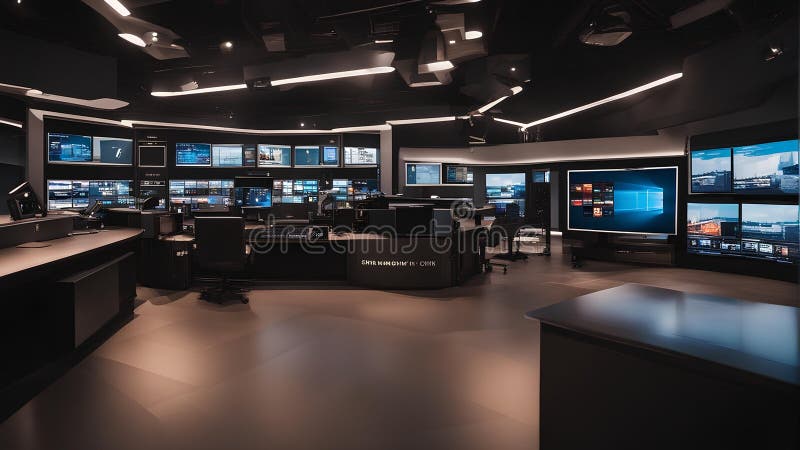 A Large Control Room with a Table and Various Electronics on the Wall ...