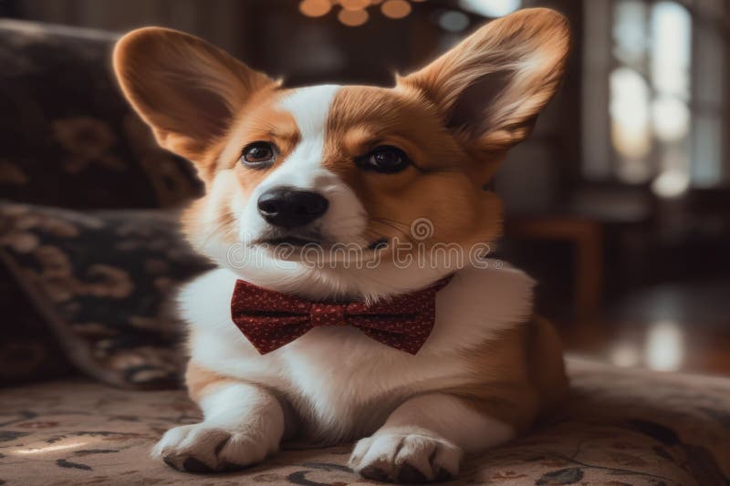 AI-generated Illustration of a Corgi with a Red Bowtie Lying on a Bed ...