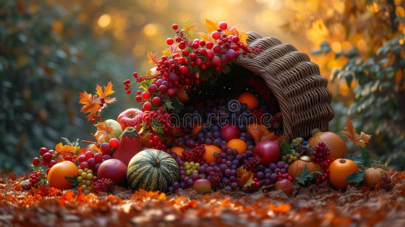 AI Generated Illustration of Cornucopia of Fruit and Fall Leaves Stock ...