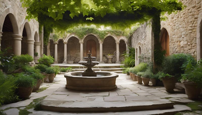 AI Generated Illustration of a Courtyard with a Fountain and Potted ...