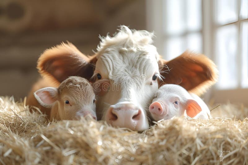 AI-generated Illustration of a Cow with a Calf and a Piglet Resting on ...