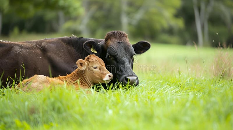 AI-generated Illustration of a Cow with Its Calf Resting in a Grassy ...