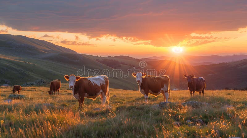 Several Cows are Standing on the Hillside As the Sun Sets Stock Image ...