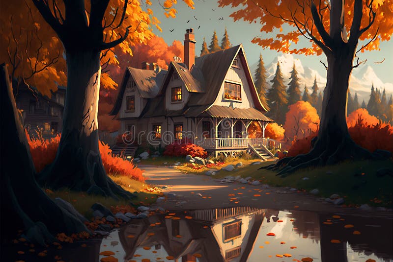 AI Generated Illustration of Cozy Autumn Cottage and Orange Trees Stock ...