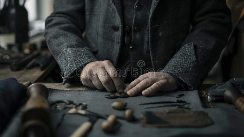 A Person Working in a Leather Working Workshop with Tools on the Table ...