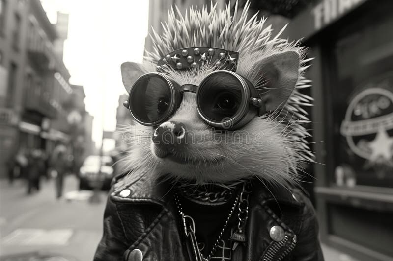 A Creative Black and White Image of a Hedgehog Dressed in a Punk Outfit ...