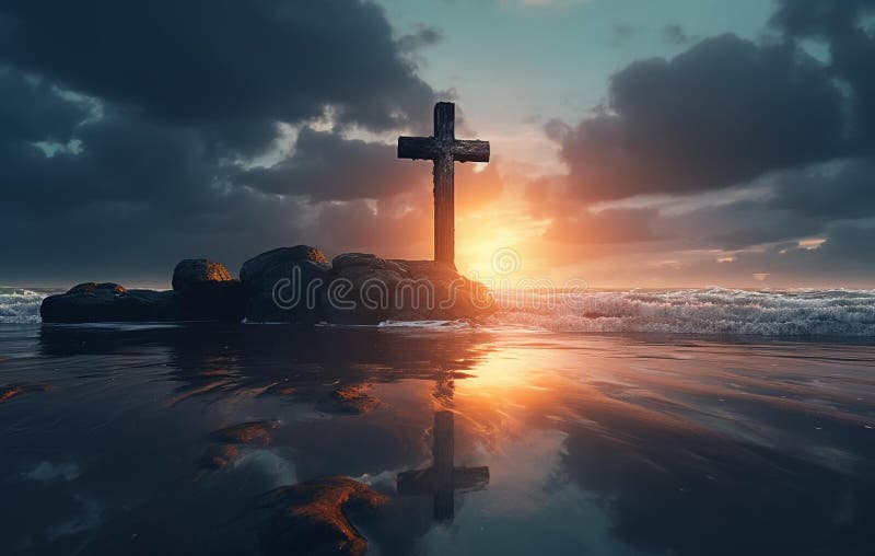 AI Generated Illustration of a Cross on the Beach at Sunset Stock ...
