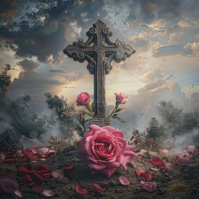AI Generated Illustration of a Cross in a Rose Field by a Tree Stock ...