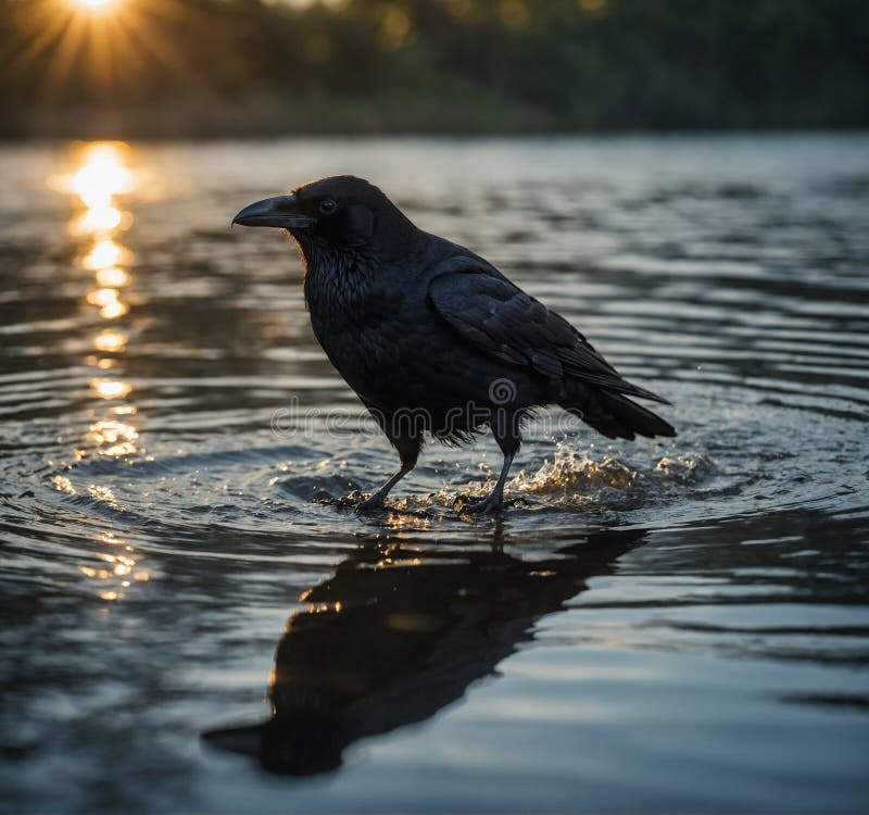 AI-generated Illustration of a Crow Wading in Water with the Setting ...