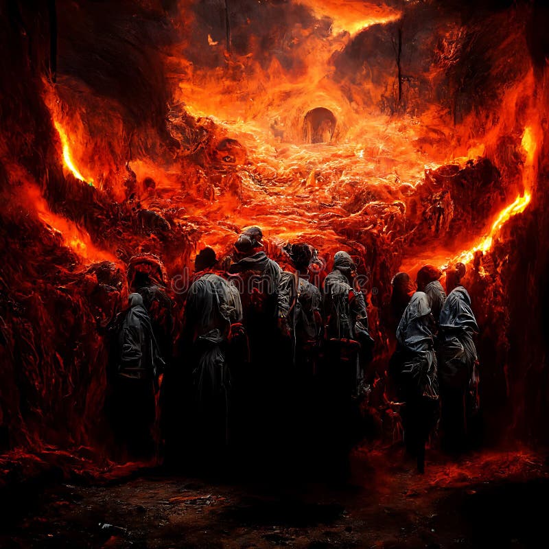 AI Generated Illustration of a Crowd of People Standing in a Burning Red Hell Stock Illustration ...