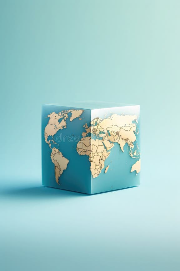AI Generated Illustration of a Cube with a World Map on a Bright Blue Background Stock ...