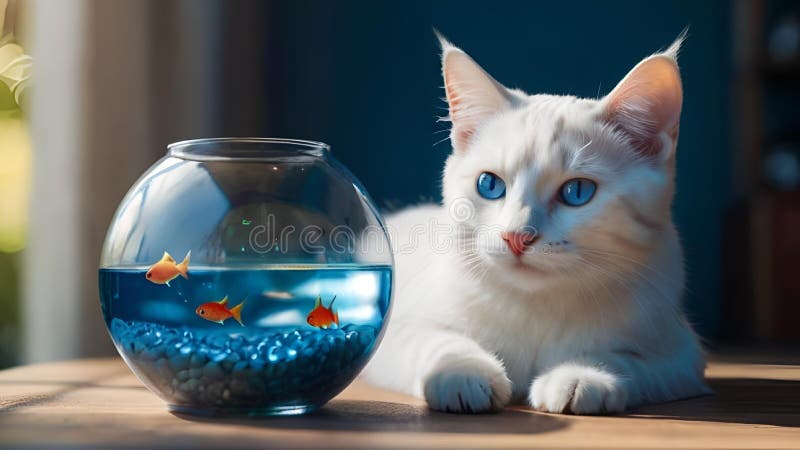 AI Generated Illustration of a Curious Cat Gazing at a Fish in a Glass ...