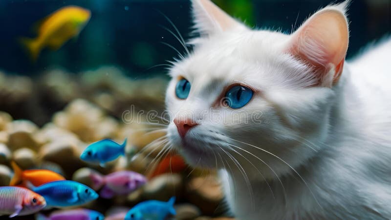 AI Generated Illustration of a Curious Cat Gazing at a Fish in a Glass ...