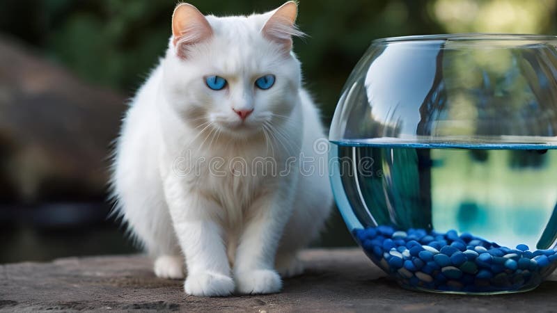 AI Generated Illustration of a Curious Cat Gazing at a Fish in a Glass ...