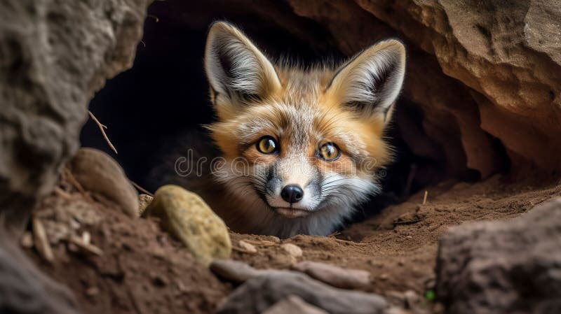 AI Generated Illustration of a Curious Red Fox Looking Out a Stone Cave ...