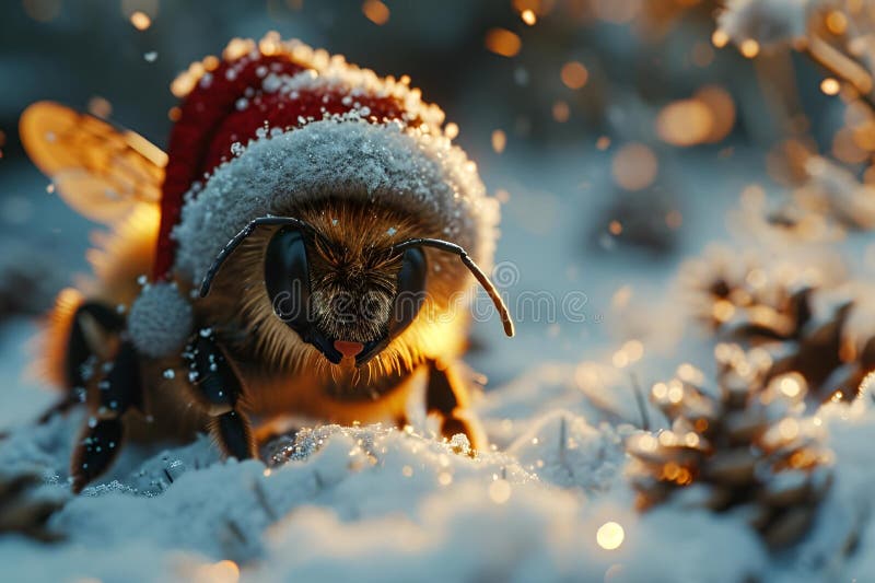 AI Generated Illustration of a Cute Bee with a Santa Hat in the Snow Stock Illustration ...