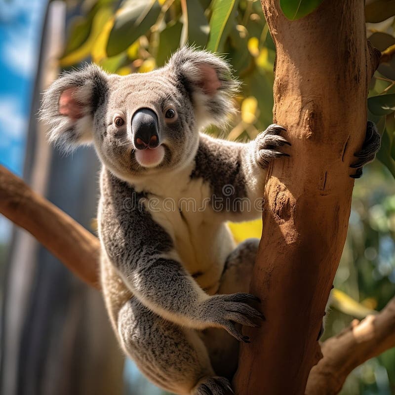 A Koala Sitting on the Limb of a Tree in Front of Leaves Stock ...