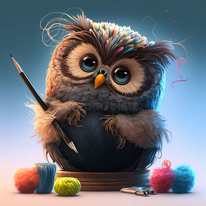 AI-generated Illustration of a Cute Owl Holding a Knitting Stick Stock ...