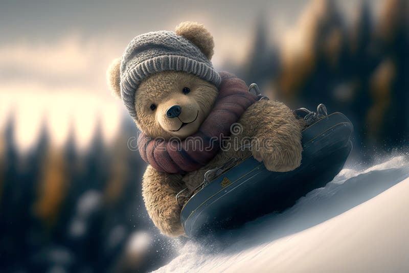 AI Generated Illustration of a Cute Teddy Bear Sledding Down a Hill ...