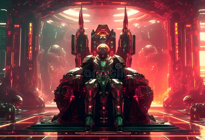 AI Generated Illustration of a Cyborg Overlord Sitting on a Tech-Throne ...