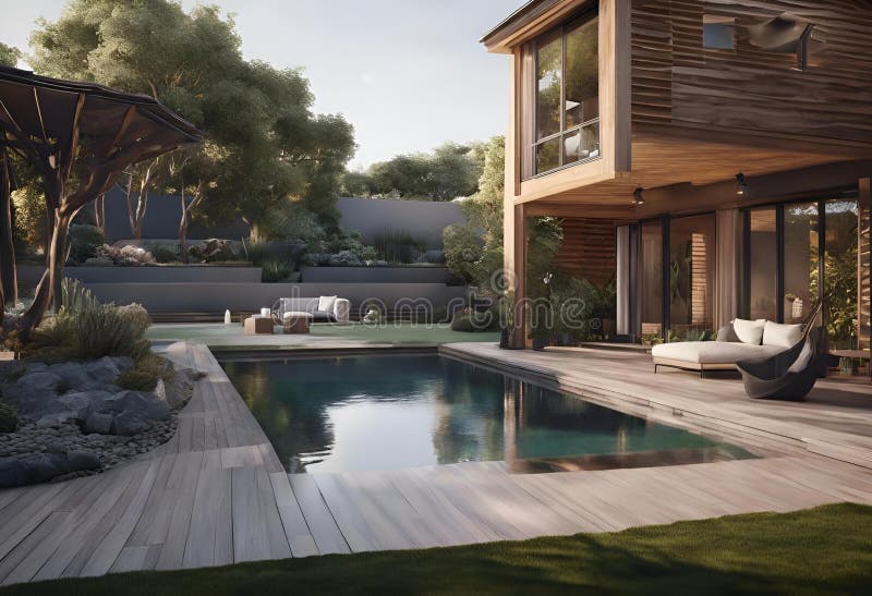 This is a 3d Image of a Backyard Pool and Deck Stock Illustration ...