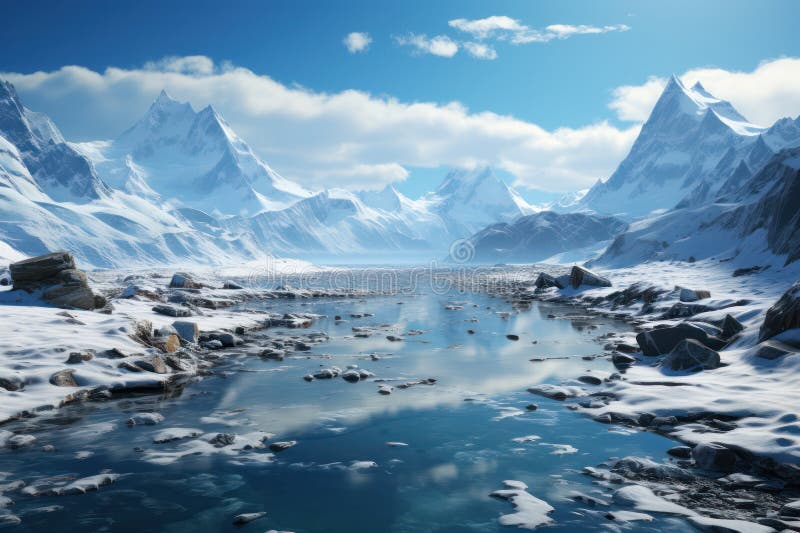 3d Computer Artwork of an Icy Snowy Valley and the Mountains in the ...