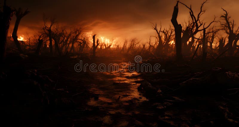 A Dark and Eerie Path with a Fire in the Background Stock Illustration ...